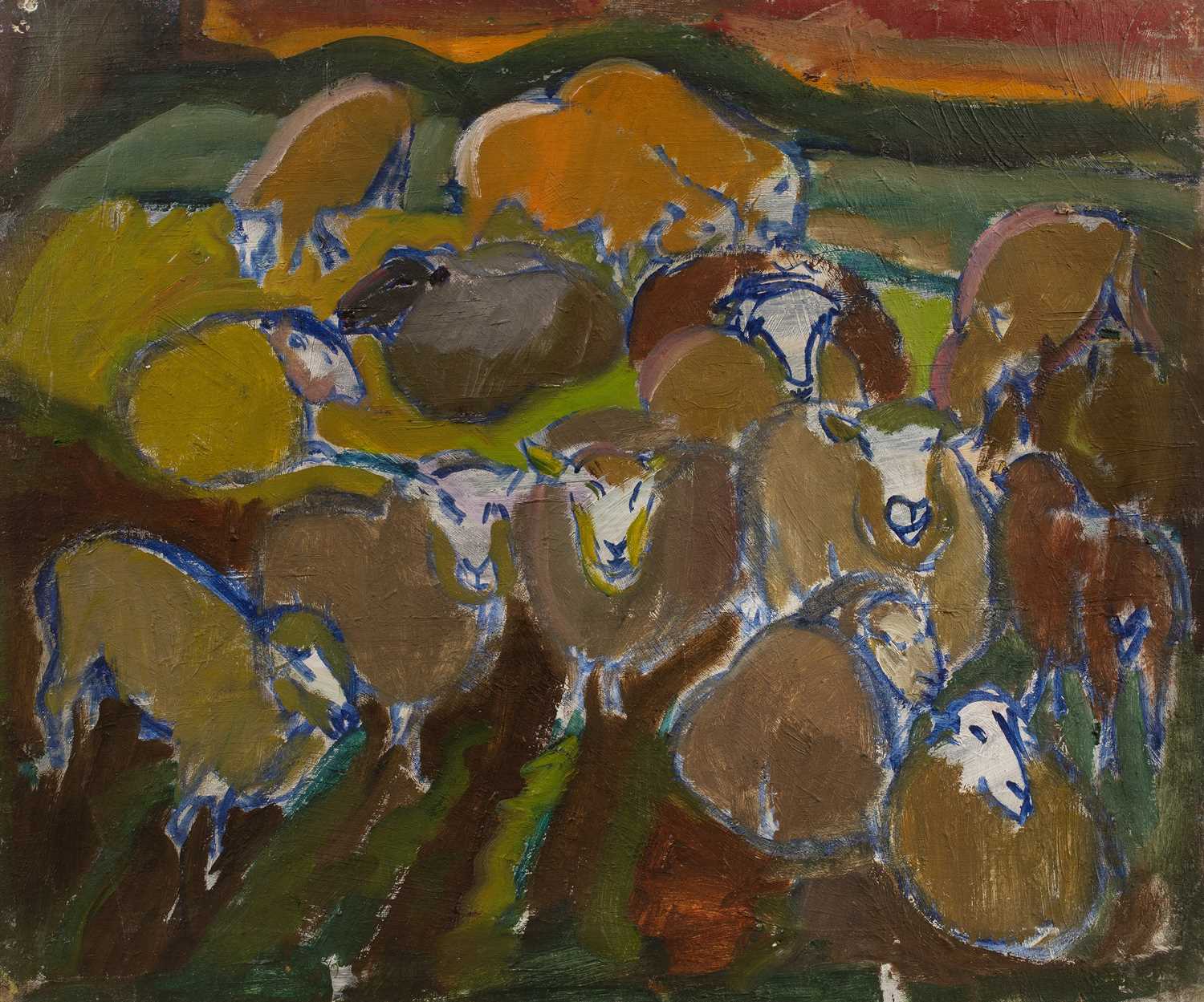 Lot 101 - Harry Barr (1896-1987) A flock of sheep, oil
